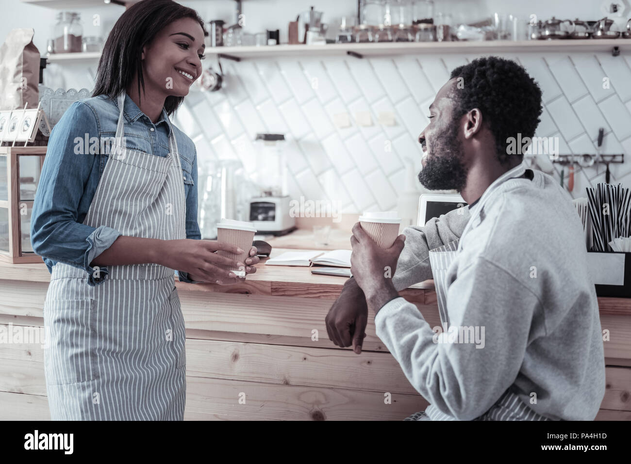 Positive nice colleagues talking to each other Stock Photo - Alamy