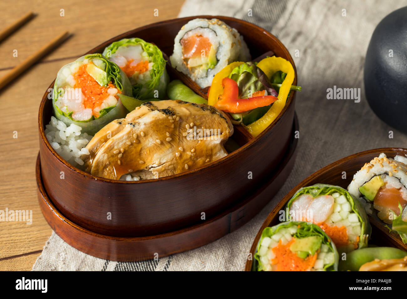 Homemade Sushi Bento Box with Rice and Chicken for Lunch Stock Photo ...