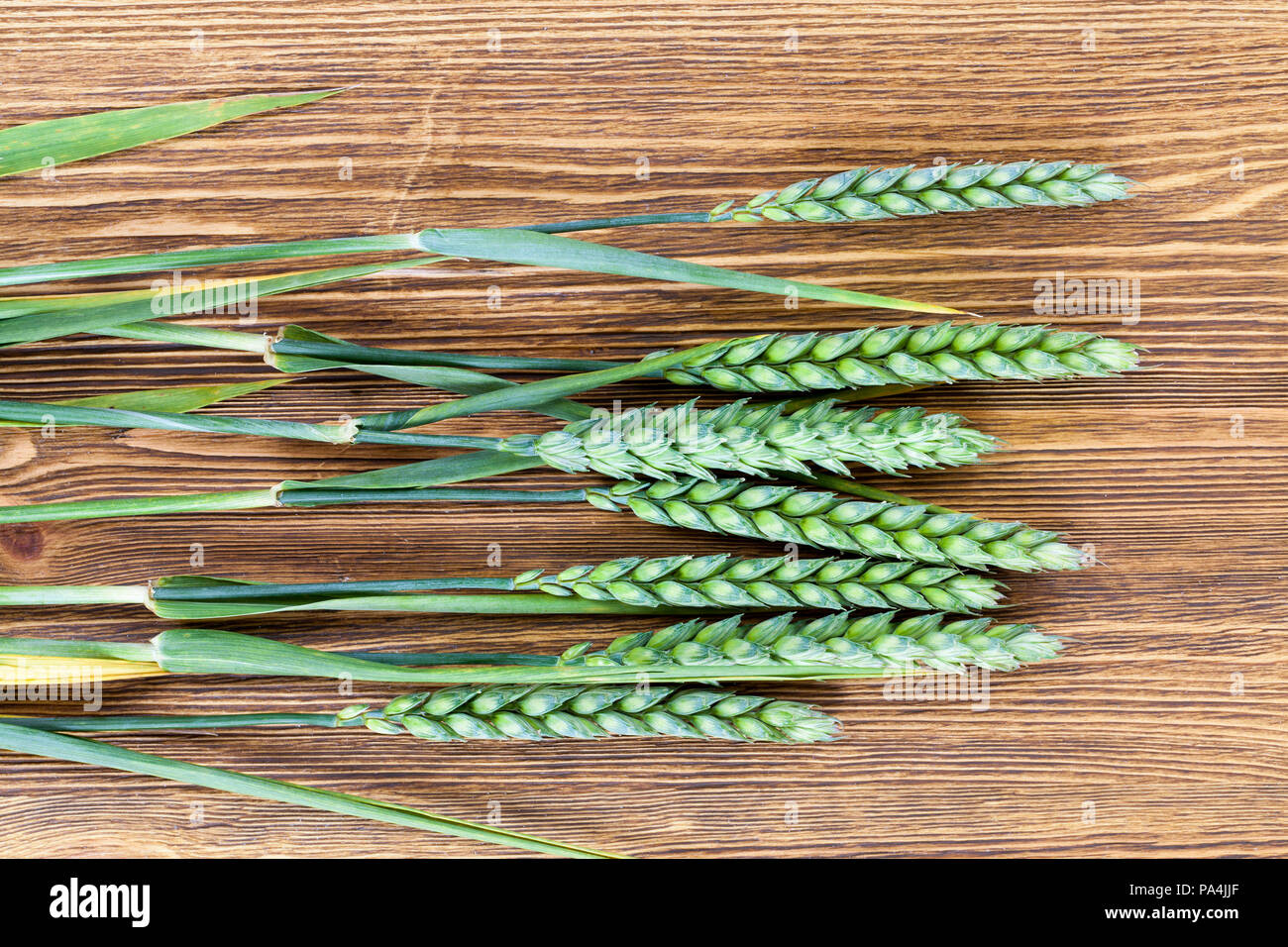 green ears of wheat lying on old dirty wooden , closeup, top view Stock ...