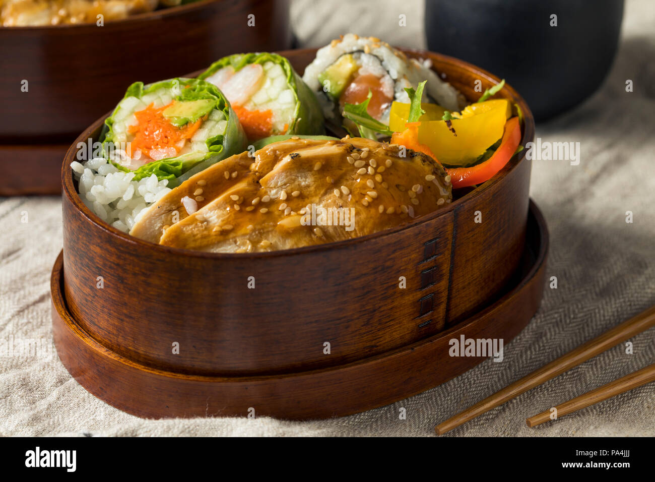 Homemade Sushi Bento Box with Rice and Chicken for Lunch Stock Photo ...
