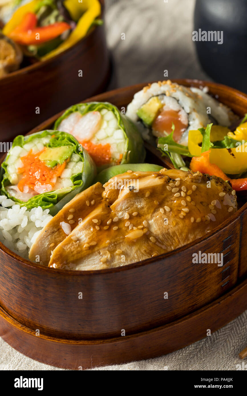 Homemade Sushi Bento Box with Rice and Chicken for Lunch Stock Photo ...