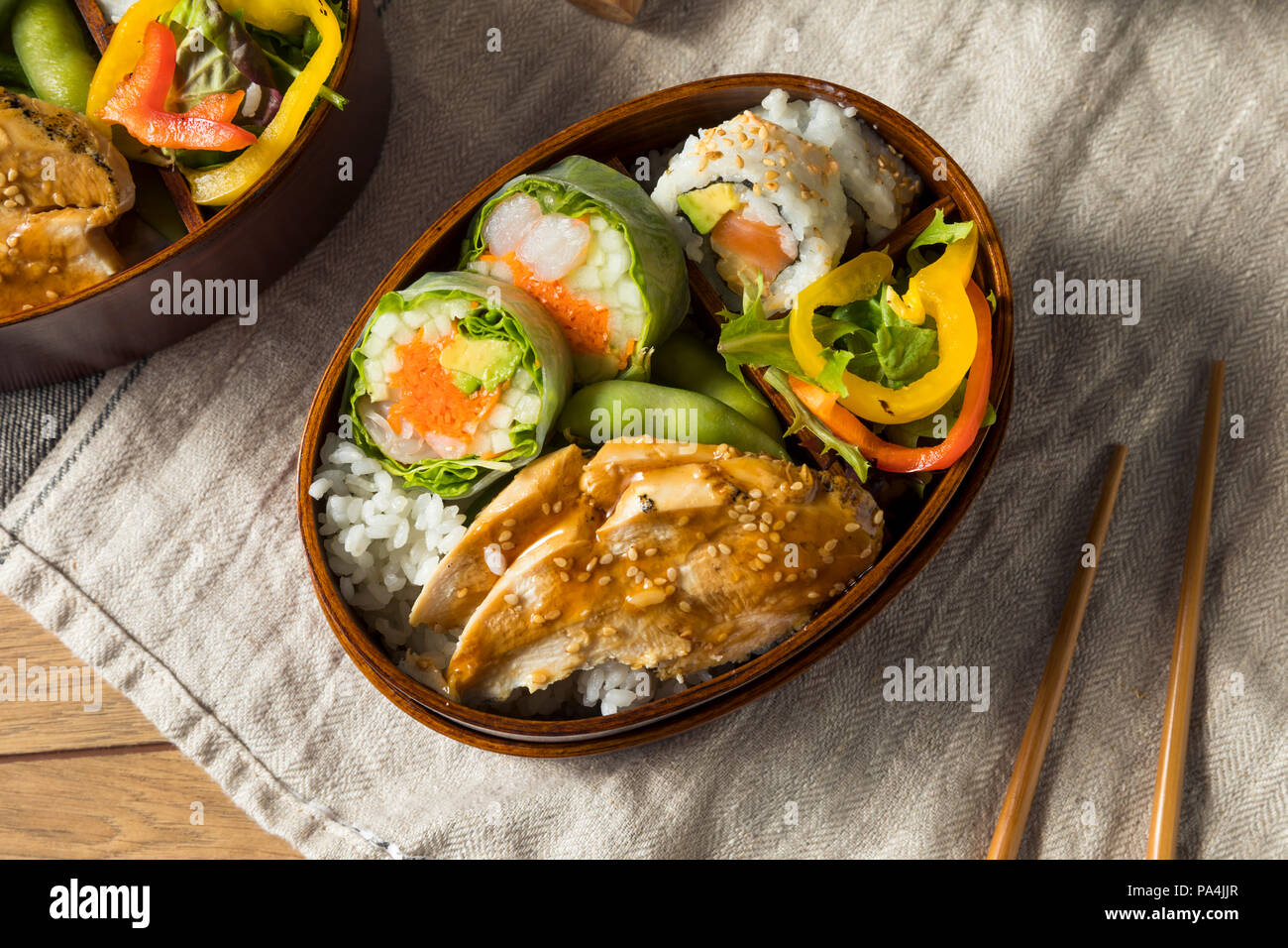Homemade Sushi Bento Box with Rice and Chicken for Lunch Stock Photo ...
