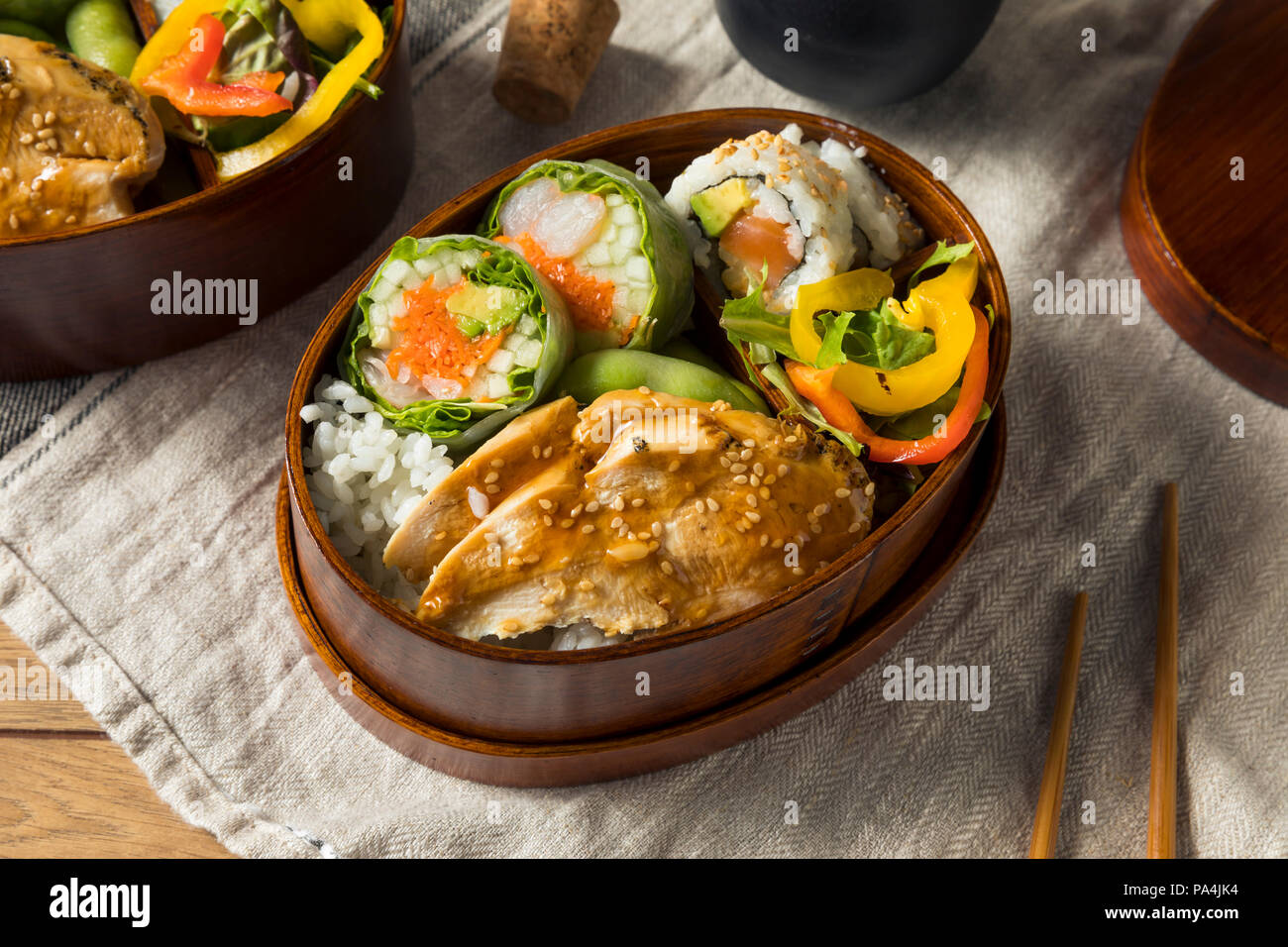 Homemade Sushi Bento Box with Rice and Chicken for Lunch Stock Photo ...