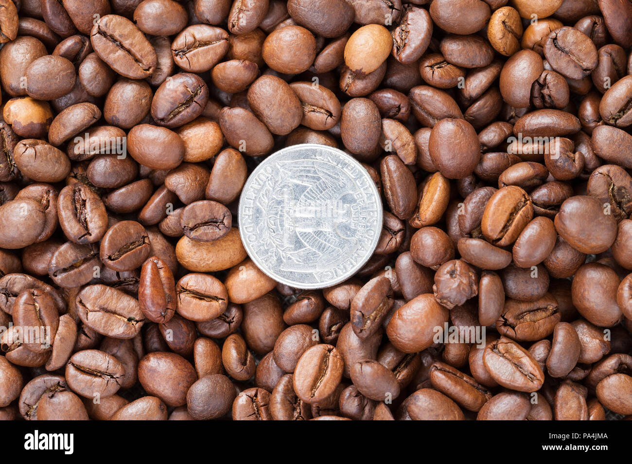 beautiful and fragrant fried whole grains of coffee, closeup, top view ...