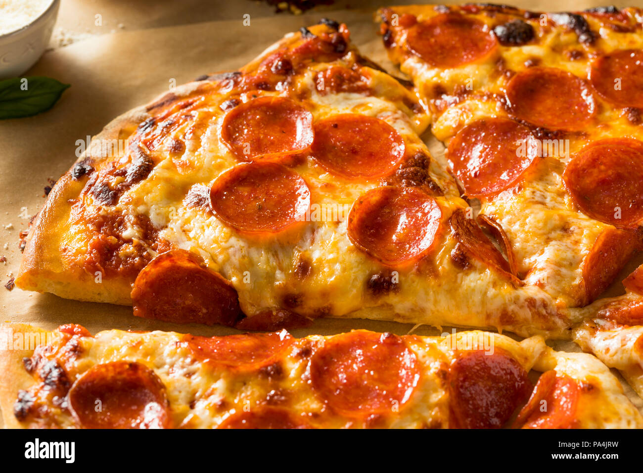 Homemade Greasy Pepperoni New York Pizza Ready to Eat Stock Photo - Alamy