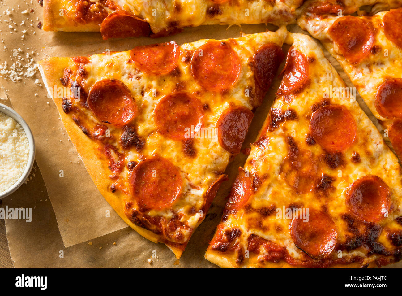 Homemade Greasy Pepperoni New York Pizza Ready to Eat Stock Photo - Alamy