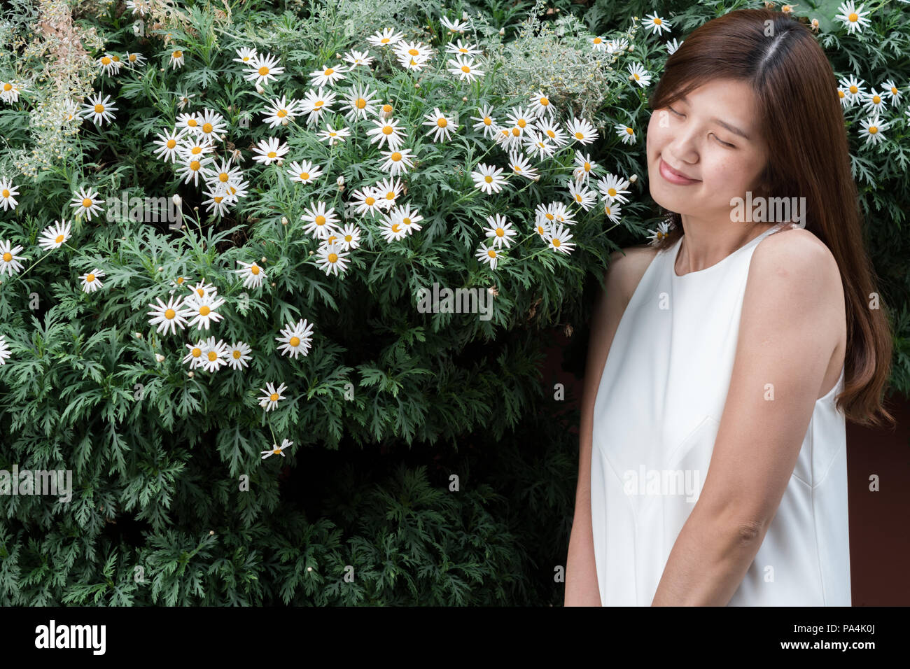 Portrait of beautiful and sweet Asian girl having fun with bushes of ...