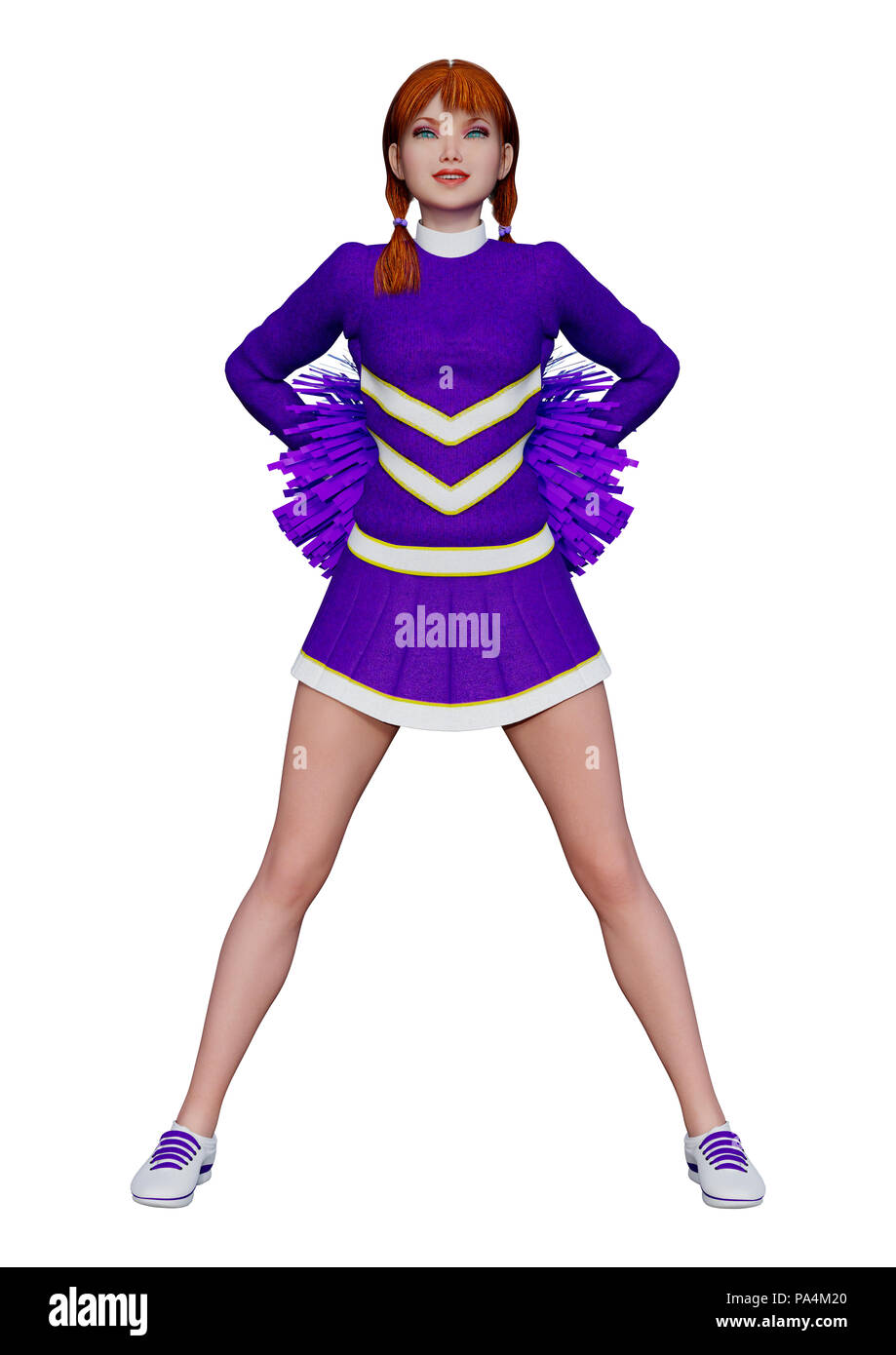 3D rendering of a young cheerleader with pompoms isolated on white ...