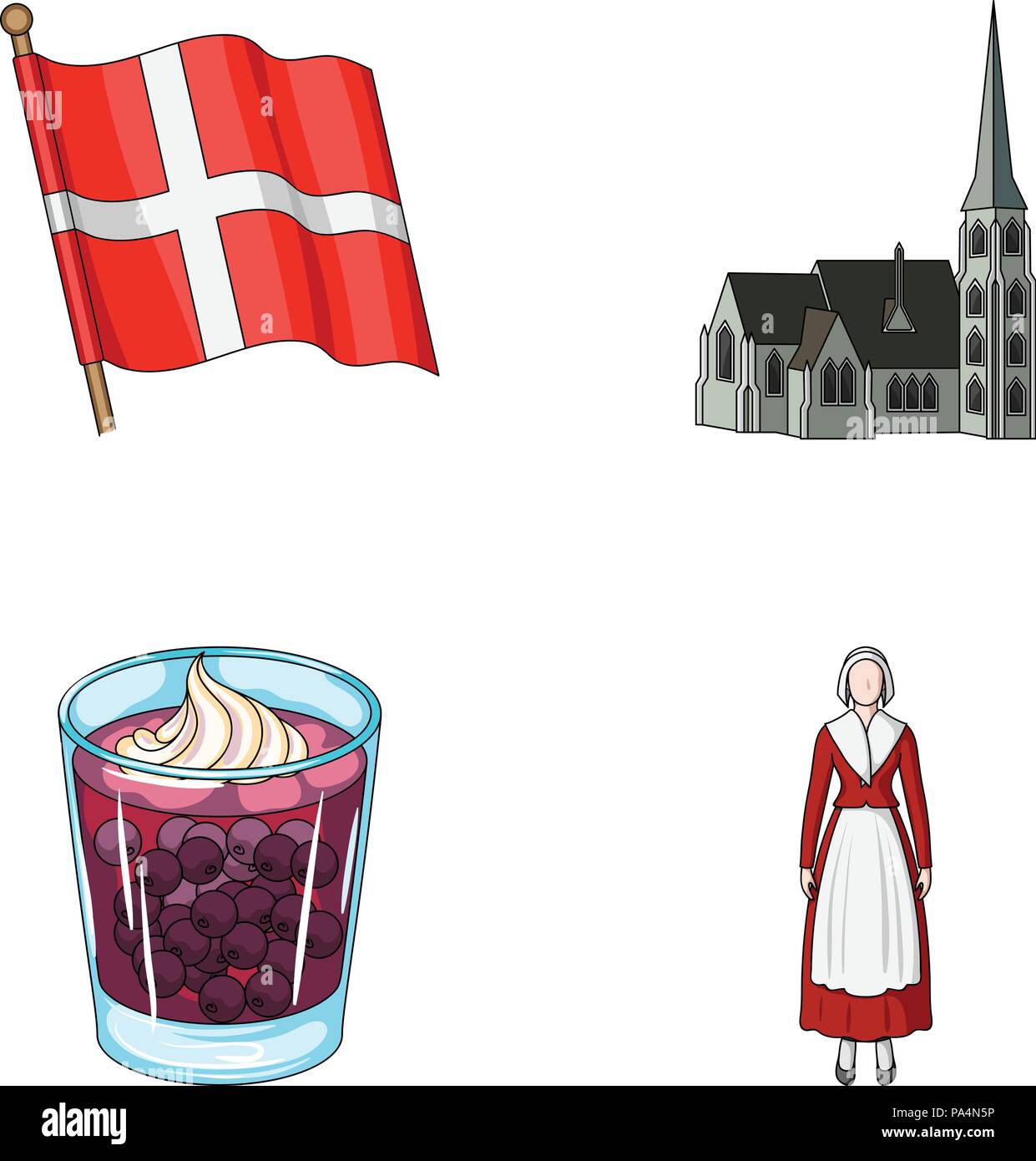 Flag, national, symbol, and other icon in cartoon style.Denmark,history ...
