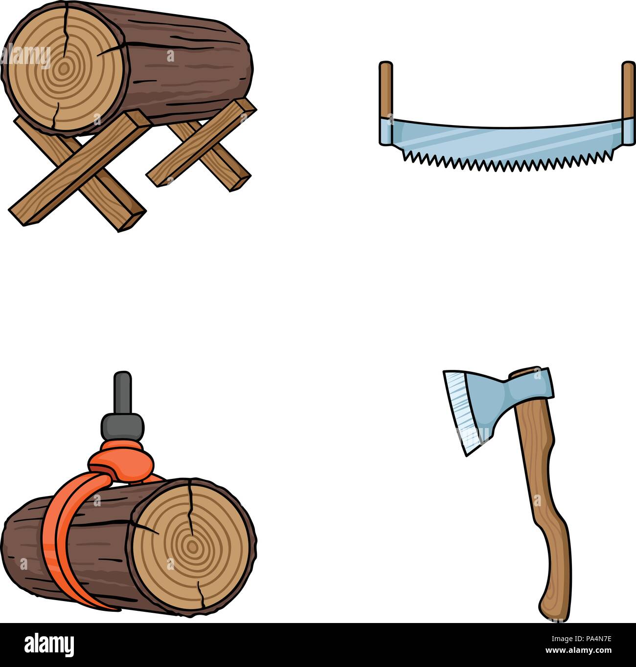 Log on supports, two-hand saw, ax, raising logs. Sawmill and timber set ...