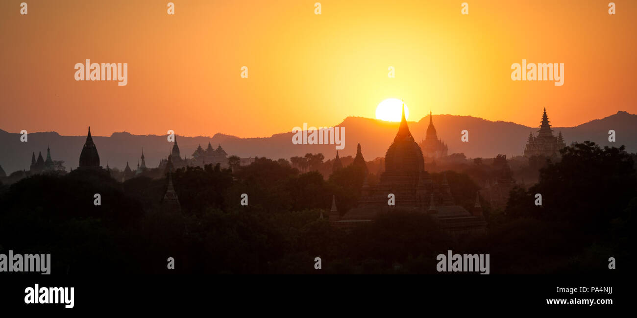 Pagoda silhouettes during a sunset in Bagan, Myanmar (Burma Stock Photo ...
