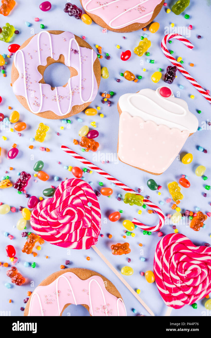 Sweets creative lay out, dessert concept with lollipops, jellies, candy ...