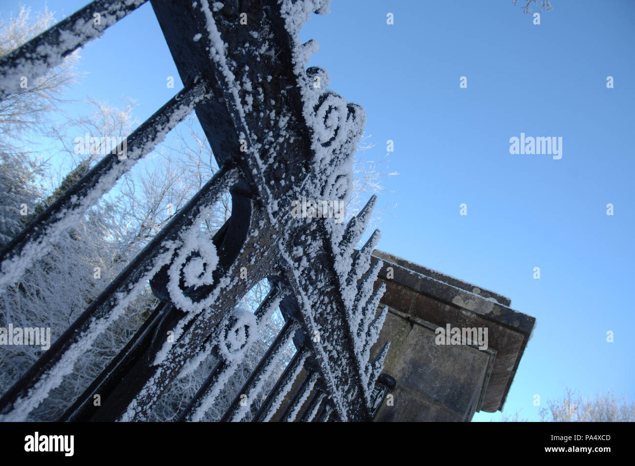 Metal gate with snow and light frost in the morning light from low ...