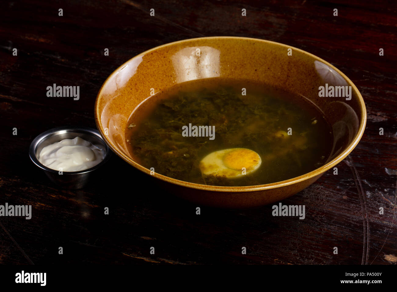 Summer Sorrel soup with egg Stock Photo - Alamy
