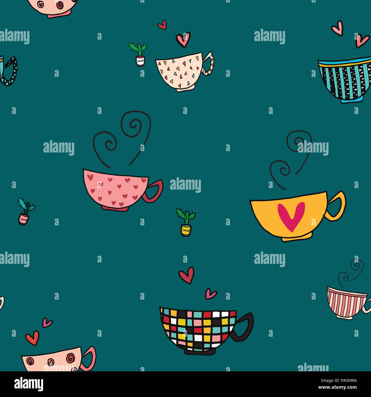 seamless background doodle hand drawing set of coffee cups in different ...