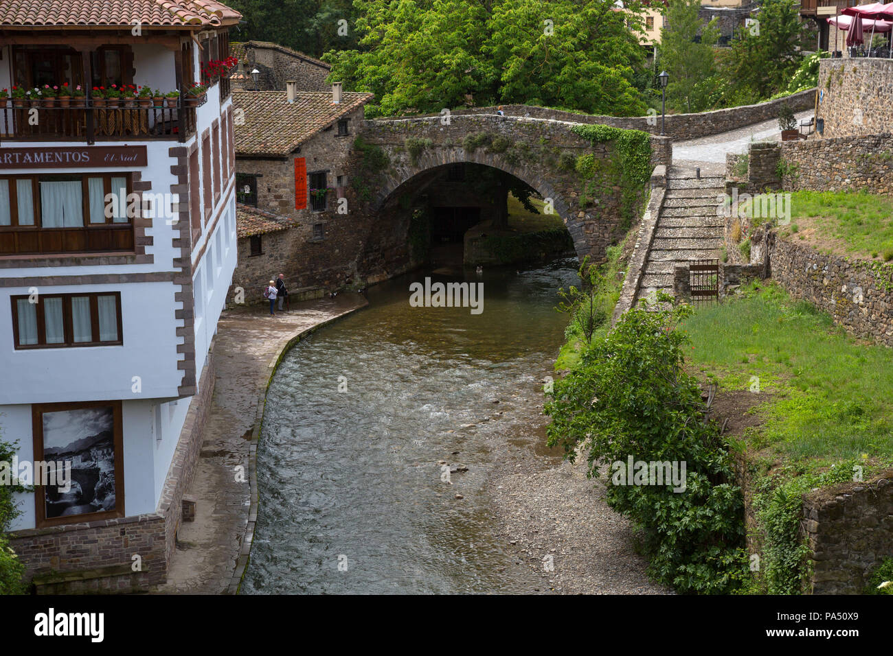 Potes, Spain - June 1, 2018: The traditional houses in the ancient ...