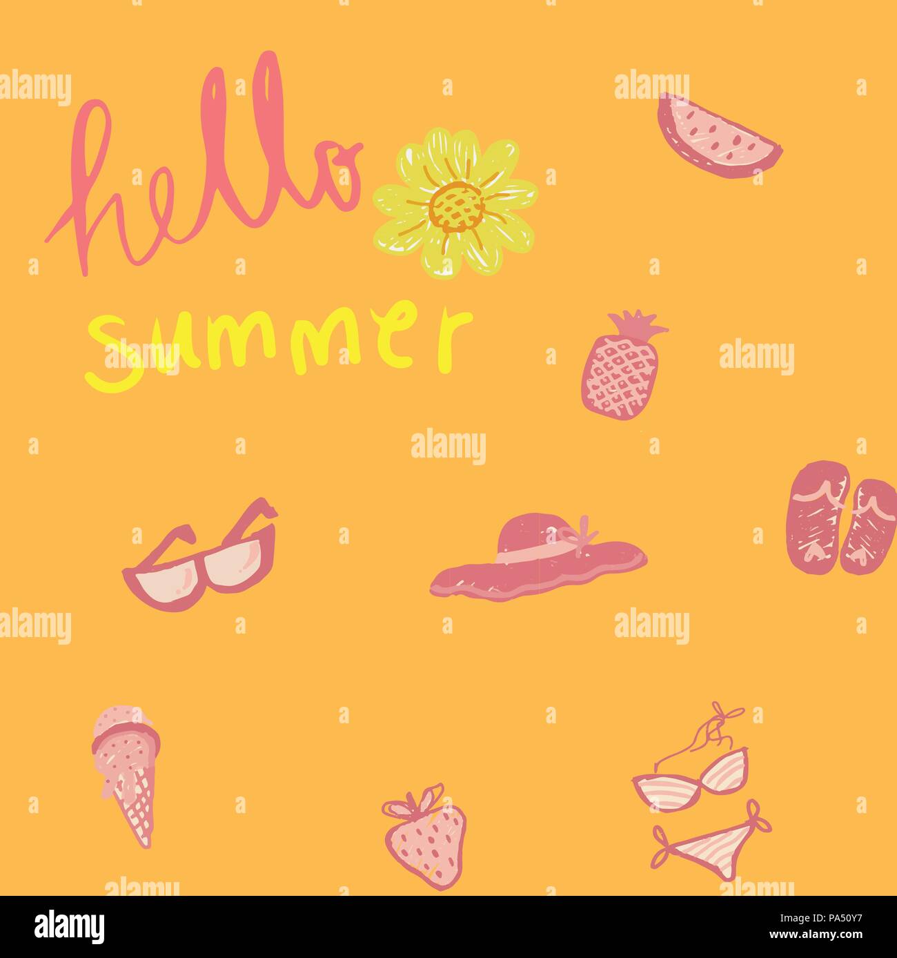 hand drawing doodle pencil pink colour. Summer icon set seamless on ...