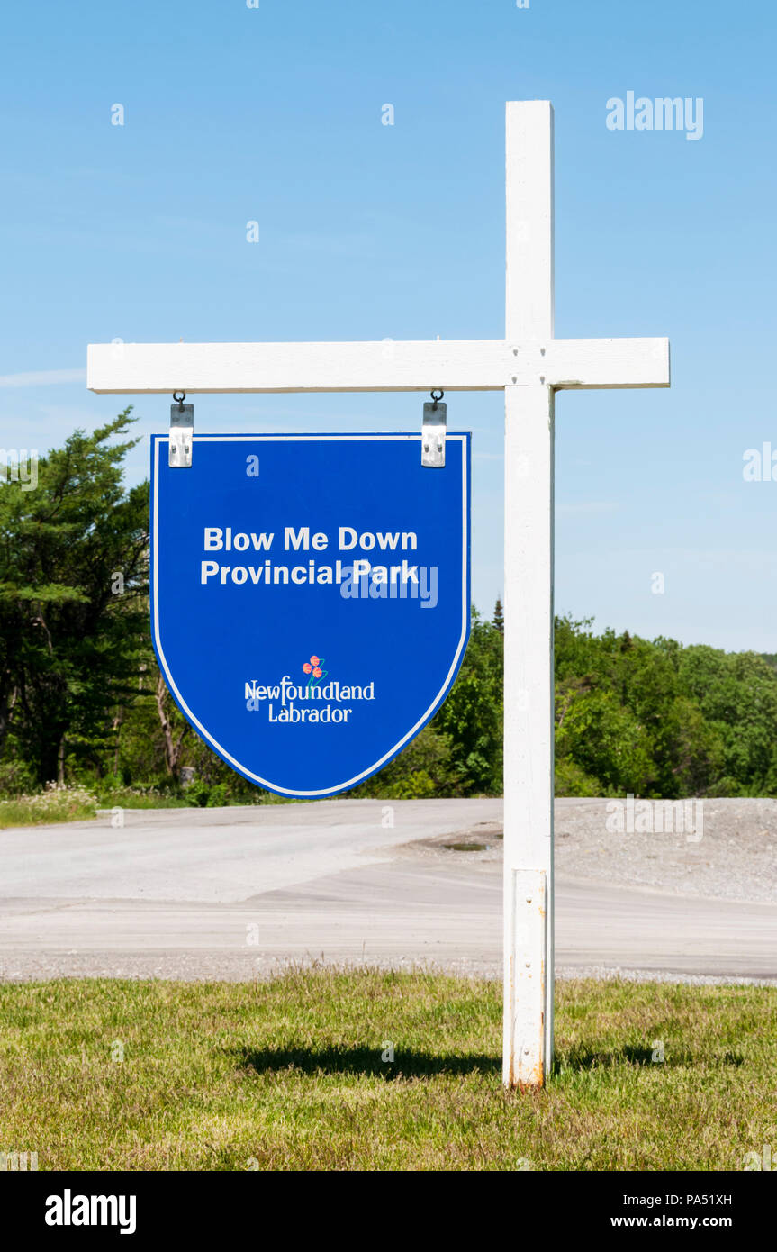 A sign for Blow me Down Provincial Park in the west of Newfoundland ...