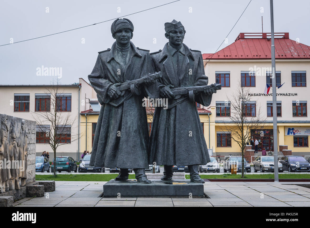 Monument on the Freedom Square and Gymnasium building in Vsetin city in ...