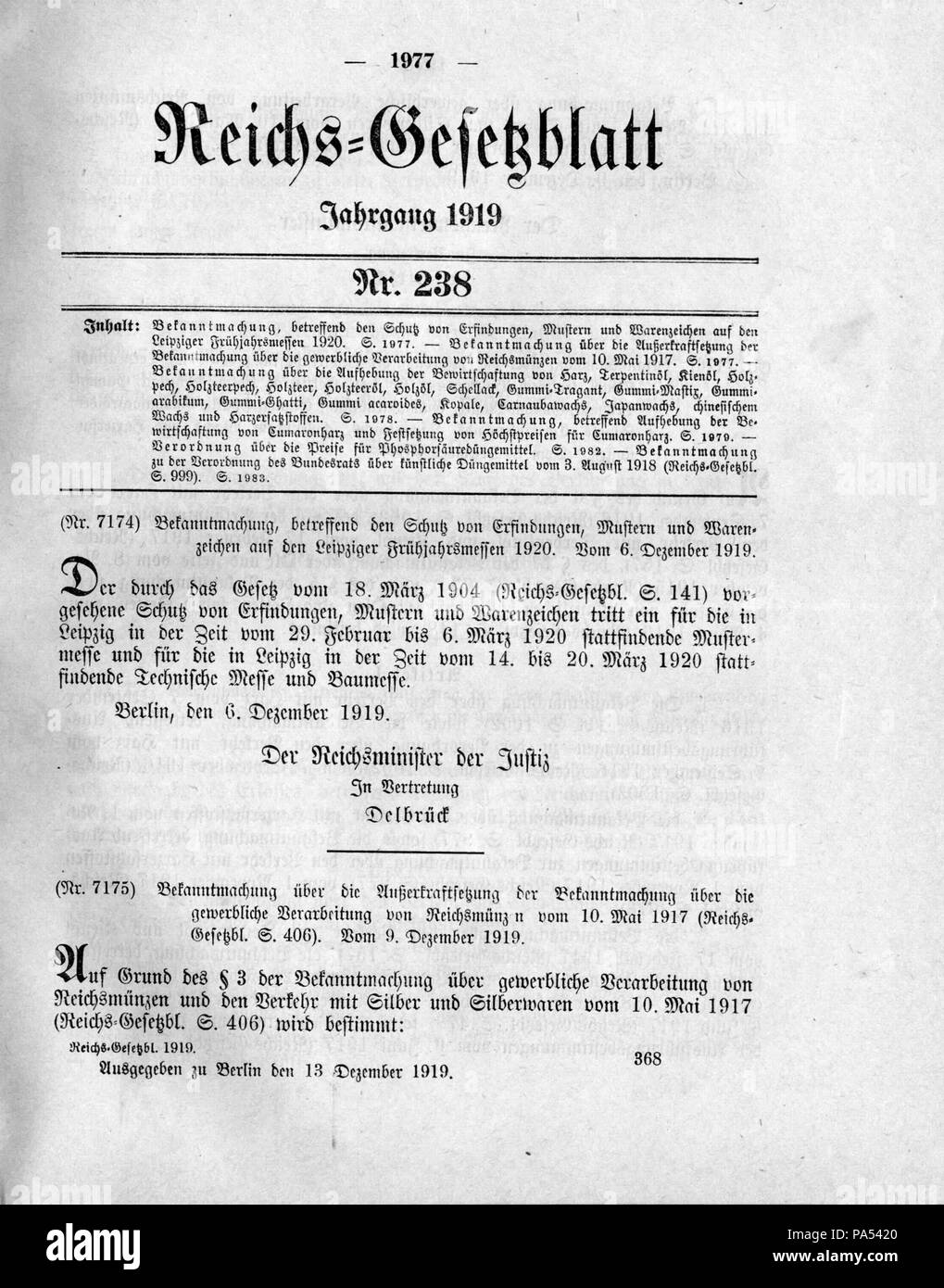 496 Deutsches Reichsgesetzblatt 1919 238 1977 Stock Photo - Alamy