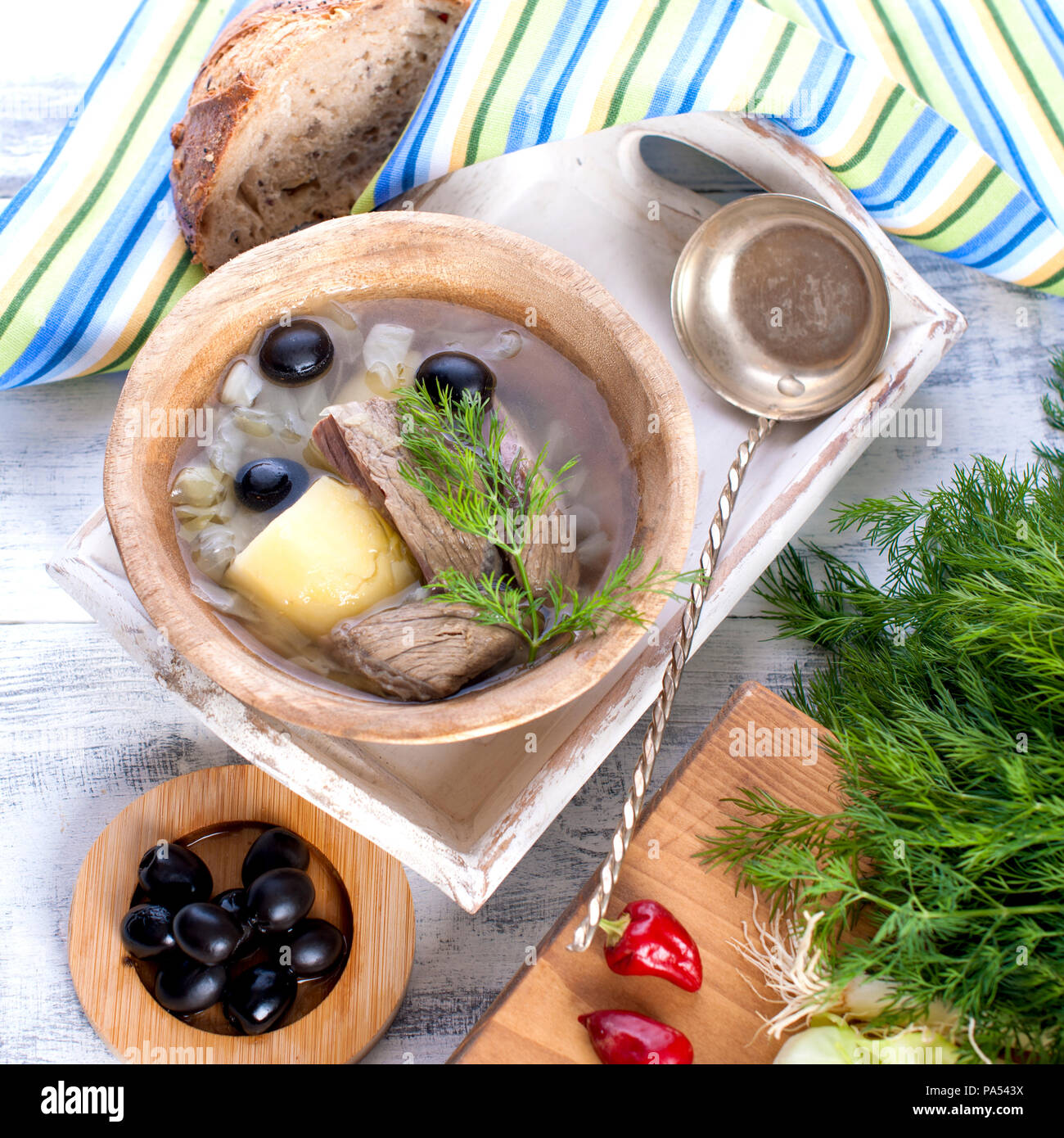 traditional soup of fresh cabbage and pulp of beef with potatoes, in a ...