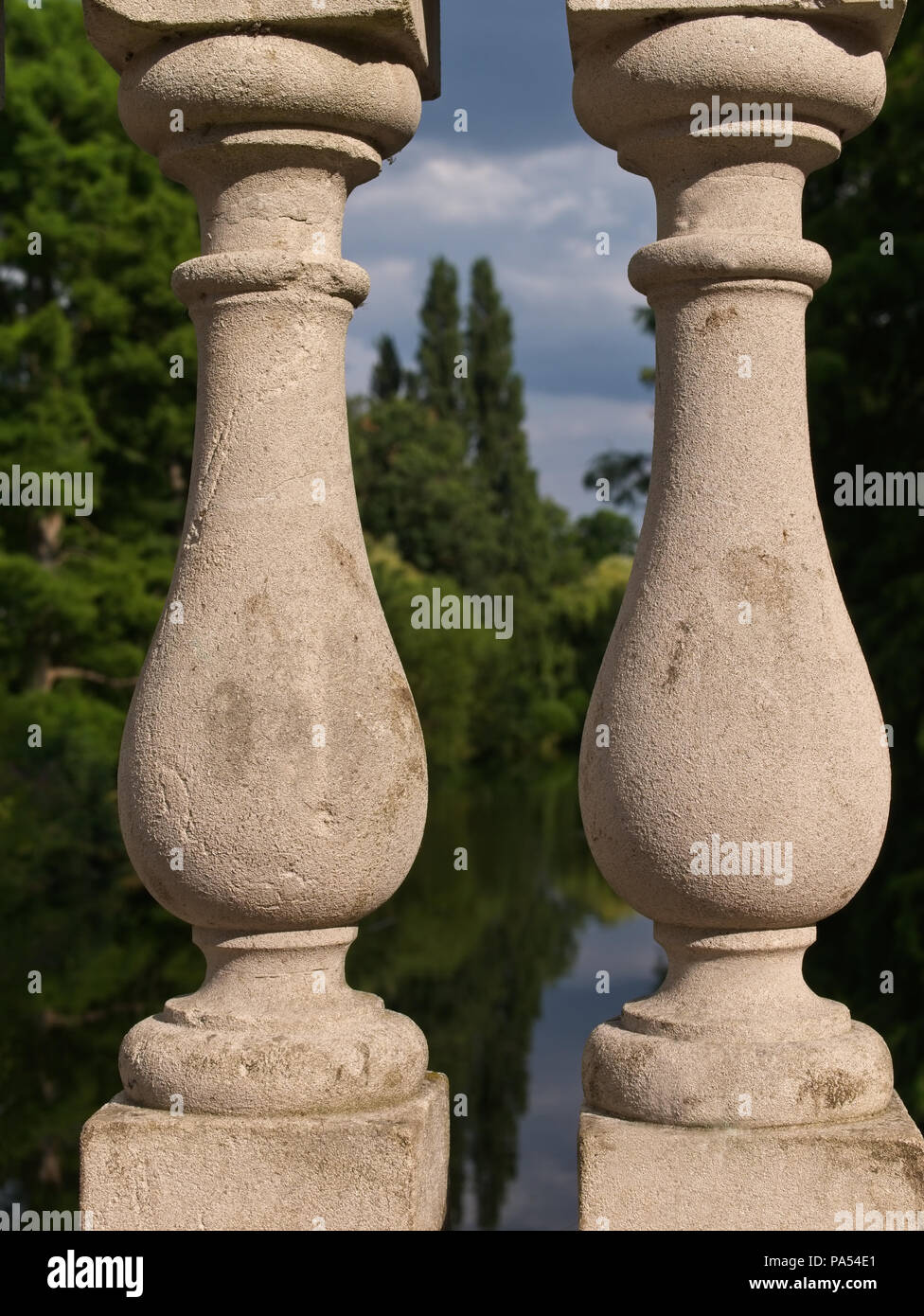 Closeup of Italian style (Palladian) balustrade, beautiful forest and ...