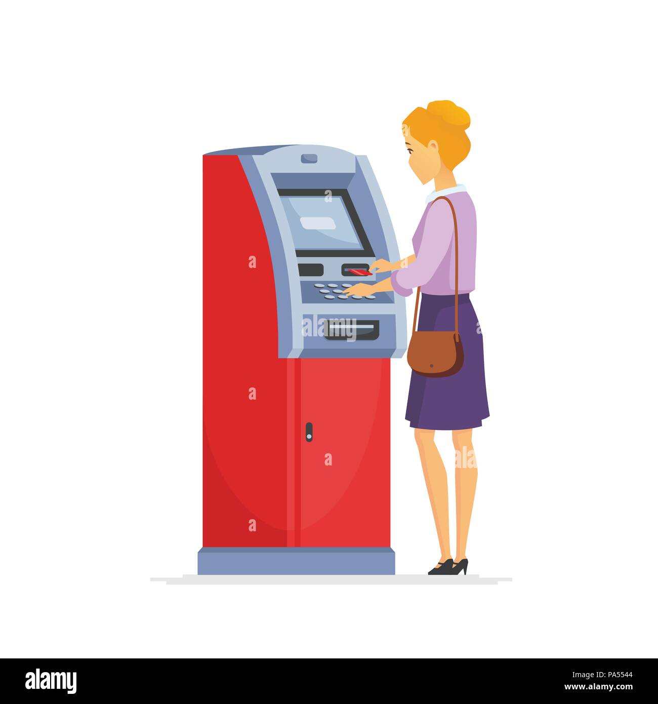 Young woman using ATM - cartoon people characters illustration Stock ...