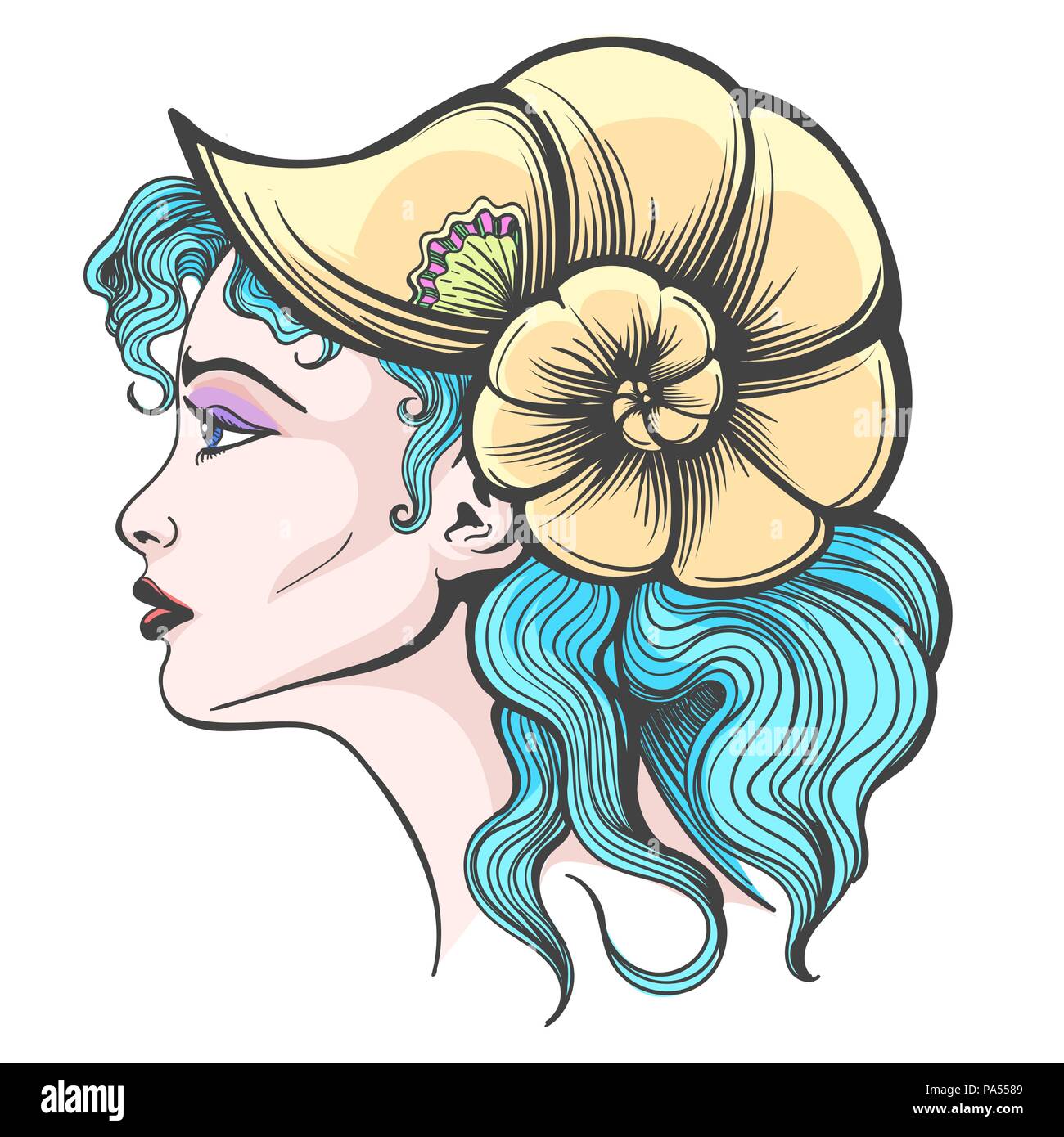 Hand Drawn Beautiful Girl face in Seashell hat and Blue hair. Vector ...