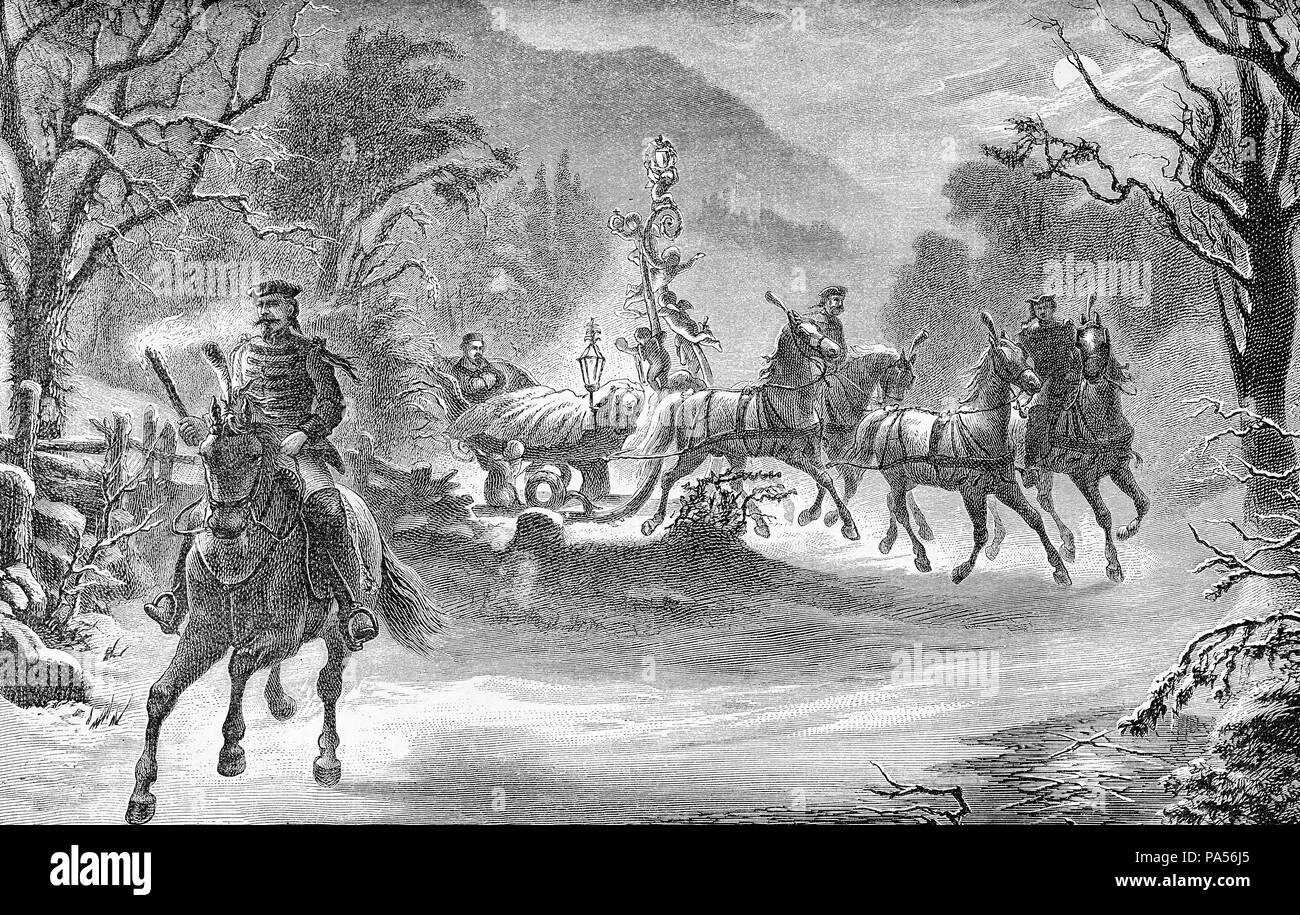Ludwig II king of Bavaria travels in sleigh by night, landscape with ...