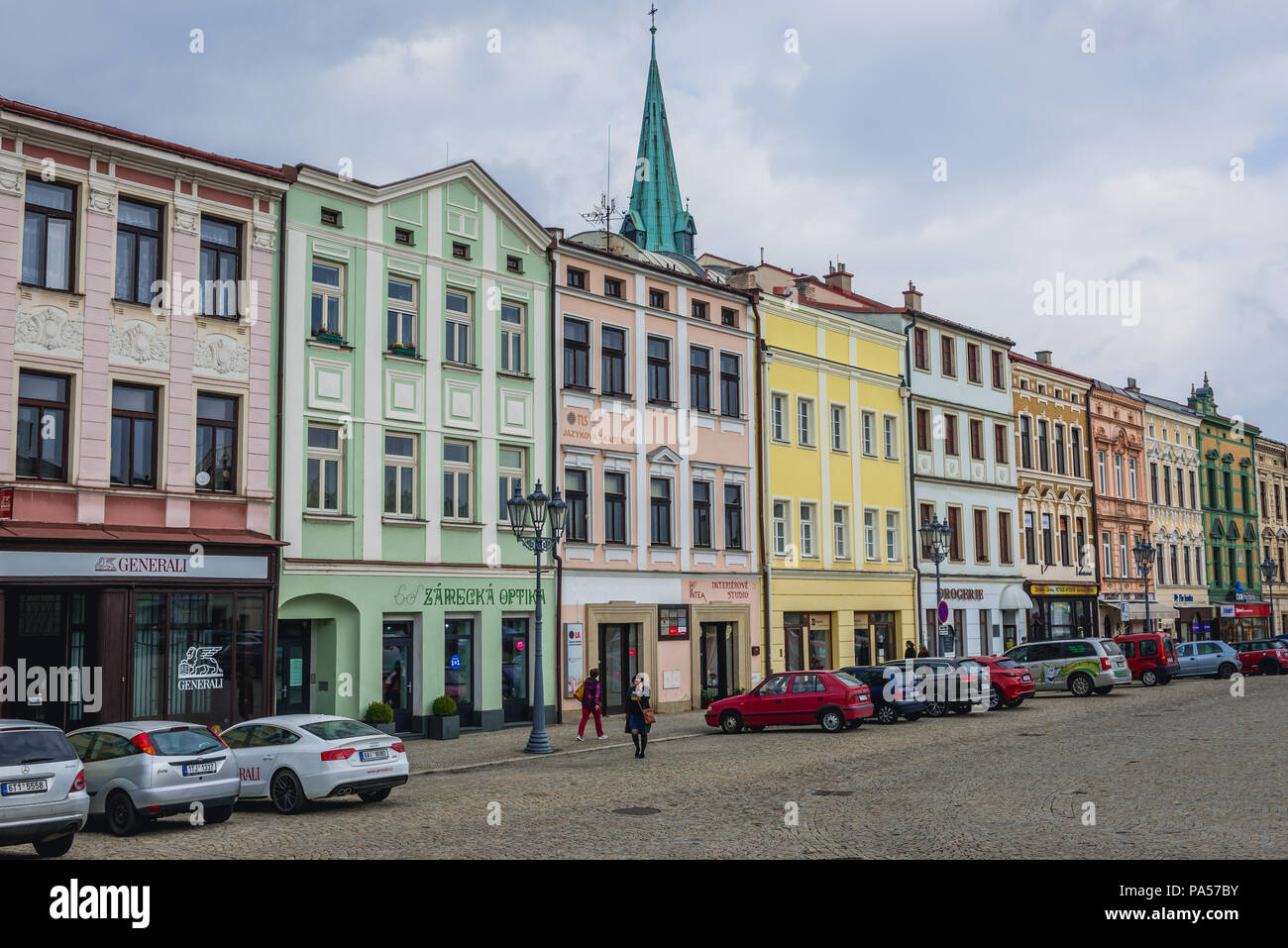 Houses on the Town Square in Frydek-Mistek city in the Moravian-Silesian Region of Czech ...