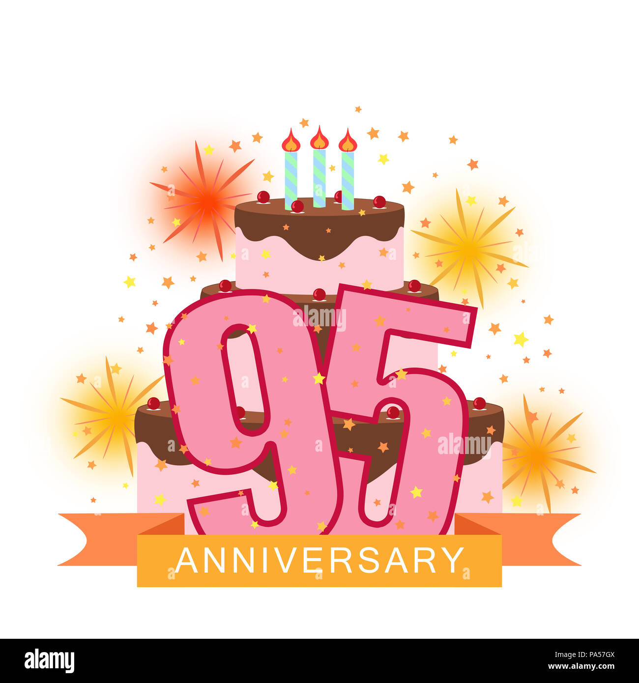Illustrated image with the number ninety-five, cake, fireworks and ...