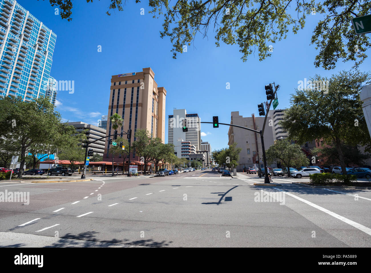 Tampa, Florida, street scene with traffic signals, road, with buildings ...