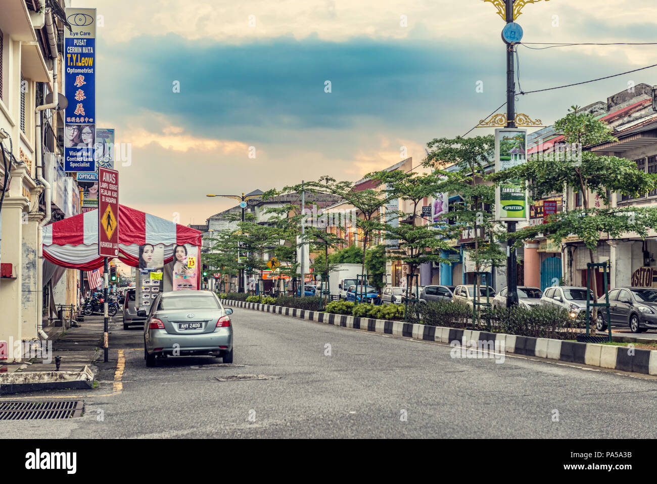 Taiping, Malaysia - December 10, 2017: Street with shops and the old ...