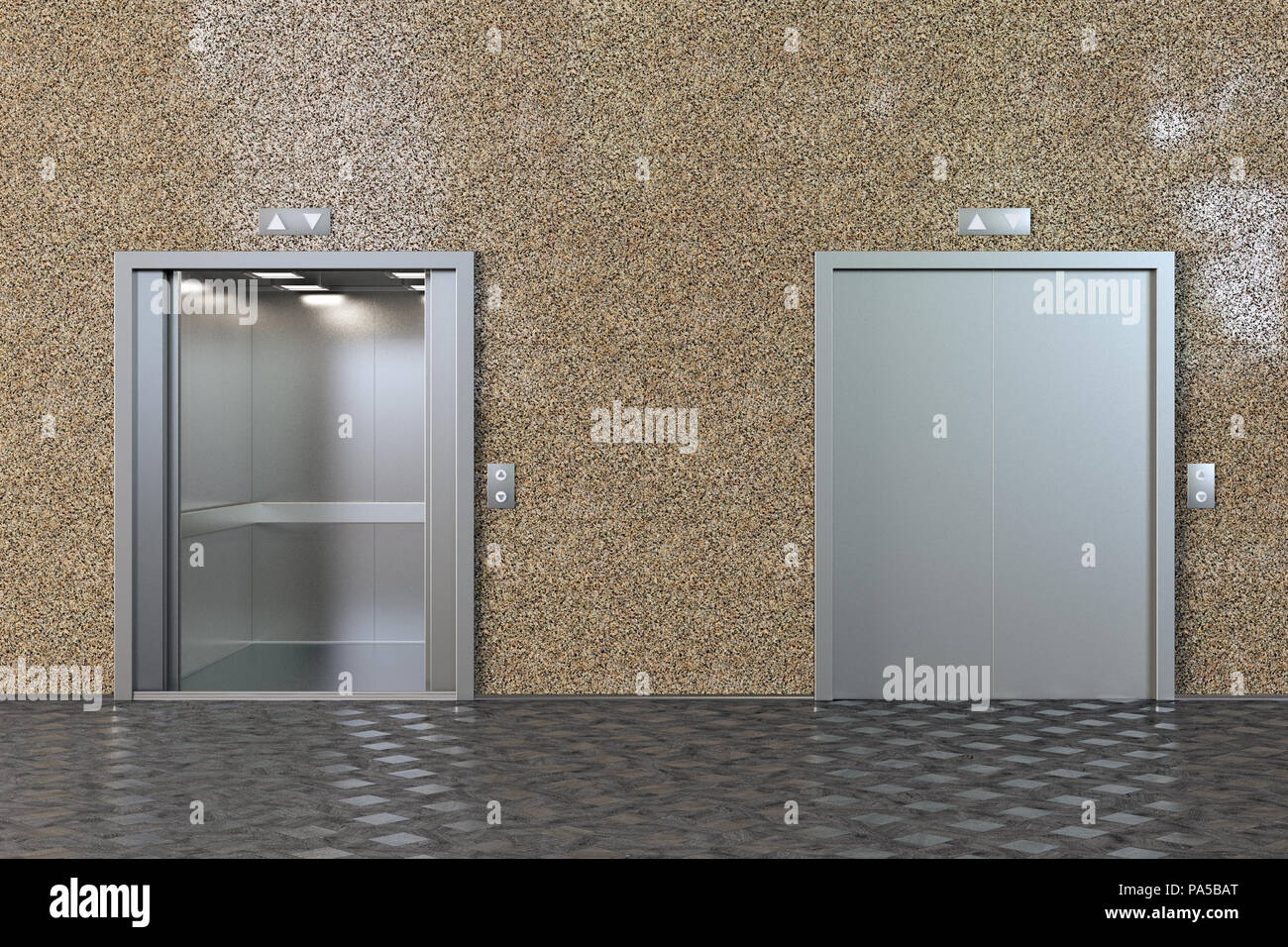 Empty elevator cabins with open and closed doors. 3d illustration Stock ...