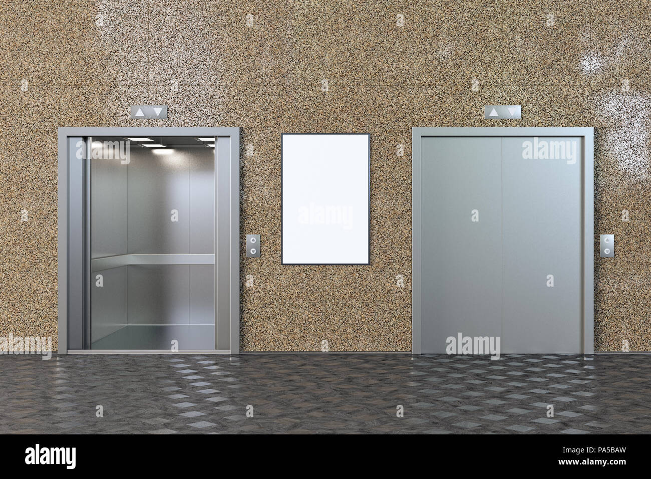 Empty elevators with open and closed doors and blank poster. 3d ...