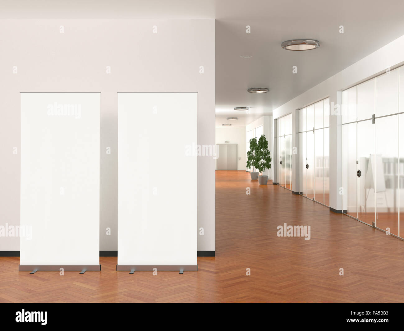 Two blank roll up banner stands in modern office. 3d illustration Stock ...
