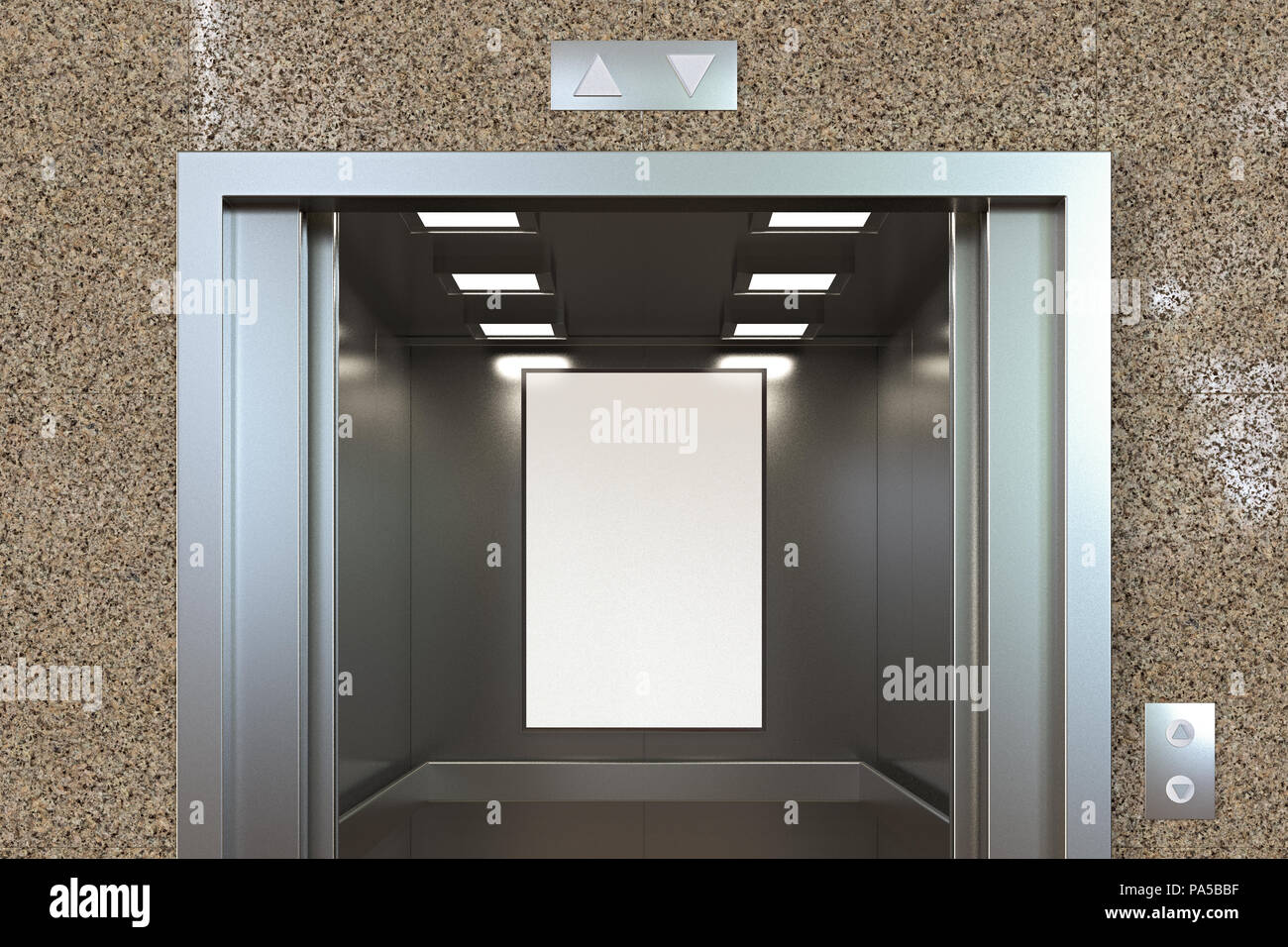 Empty elevator cabin with open doors and blank vertical poster close up ...