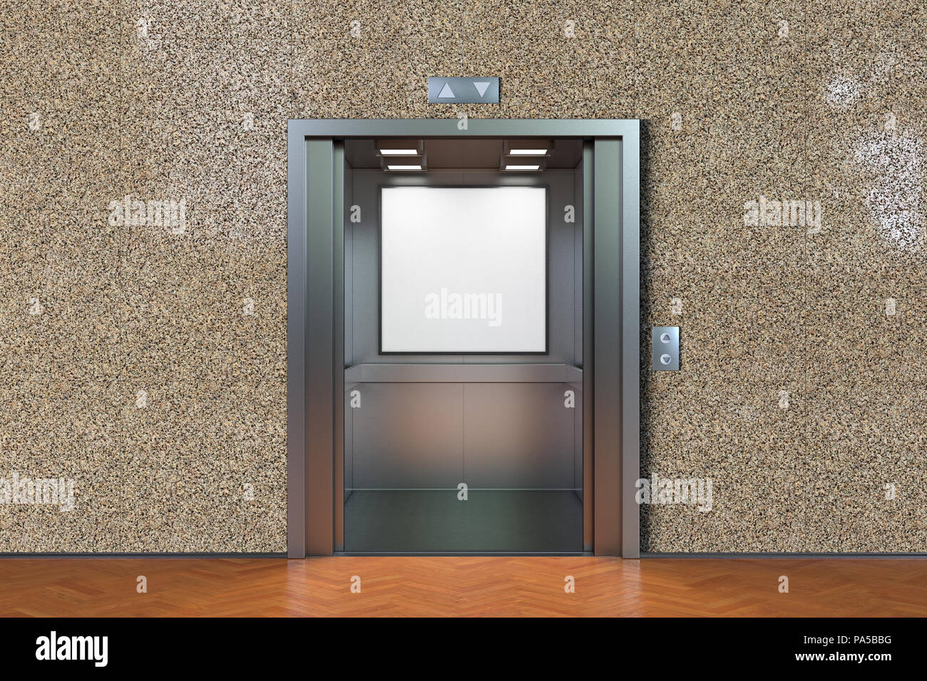 Empty elevator cabin with open doors and blank poster. 3d illustration ...