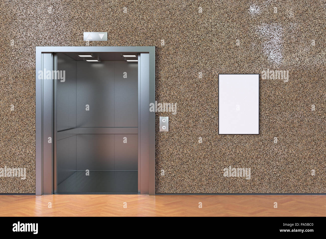 Empty elevator cabin with open doors and blank vertical poster. 3d ...
