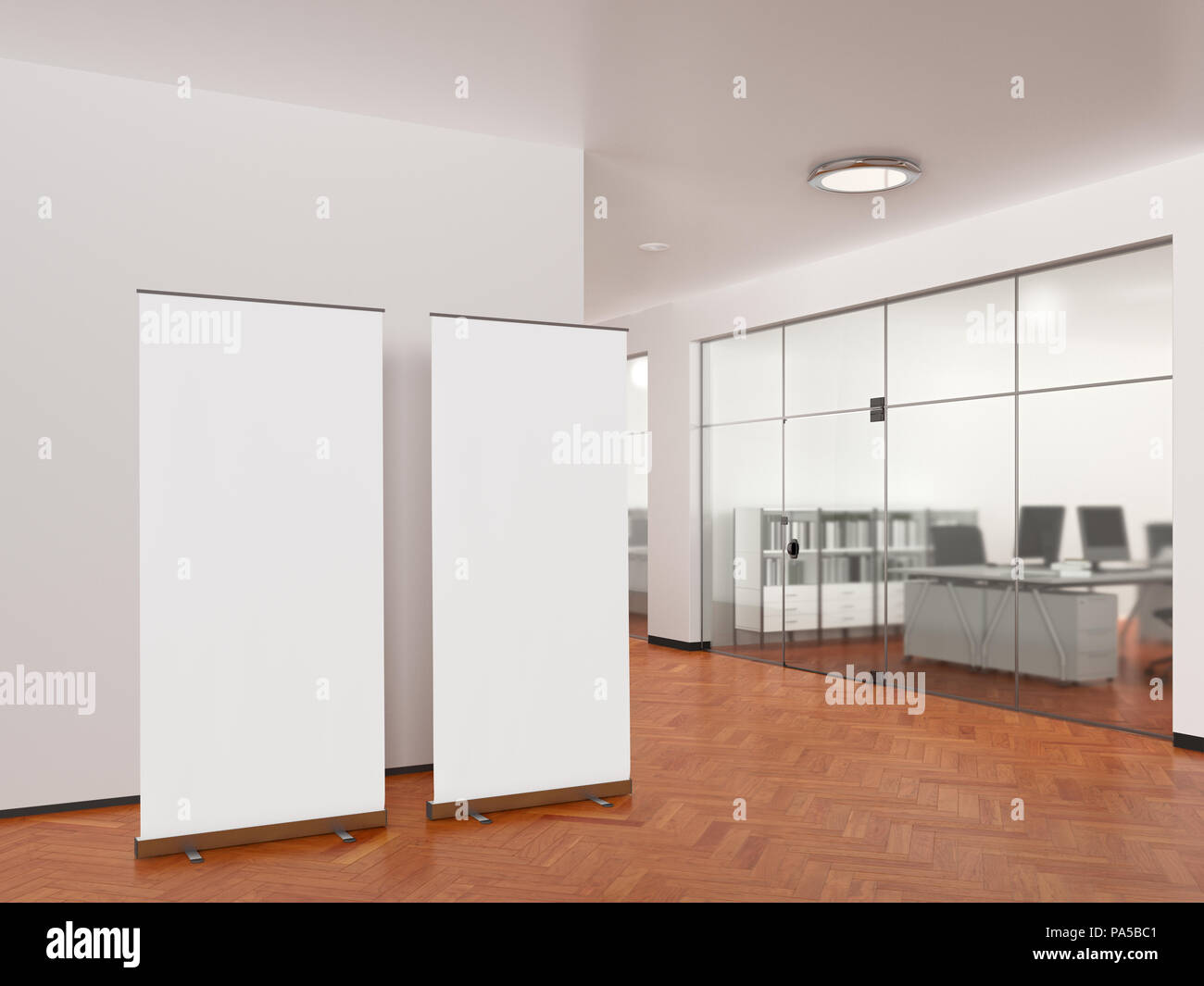Two blank roll up banner stands in modern office. 3d illustration Stock ...