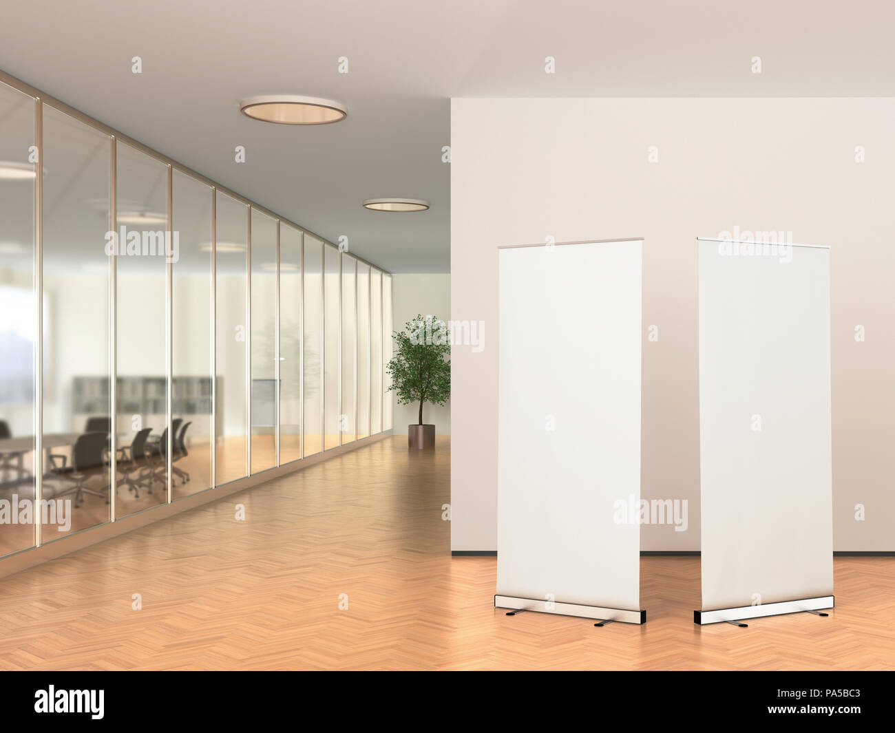 Two blank roll up banner stands in modern office. 3d illustration Stock ...