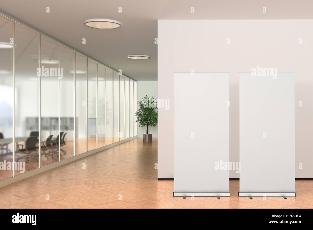 Two blank roll up banner stands in modern office. 3d illustration Stock ...