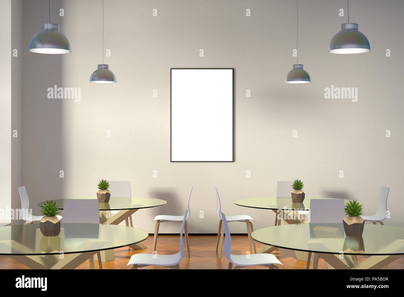 Blank vertical poster mock up in modern cafe interior. 3d illustration ...
