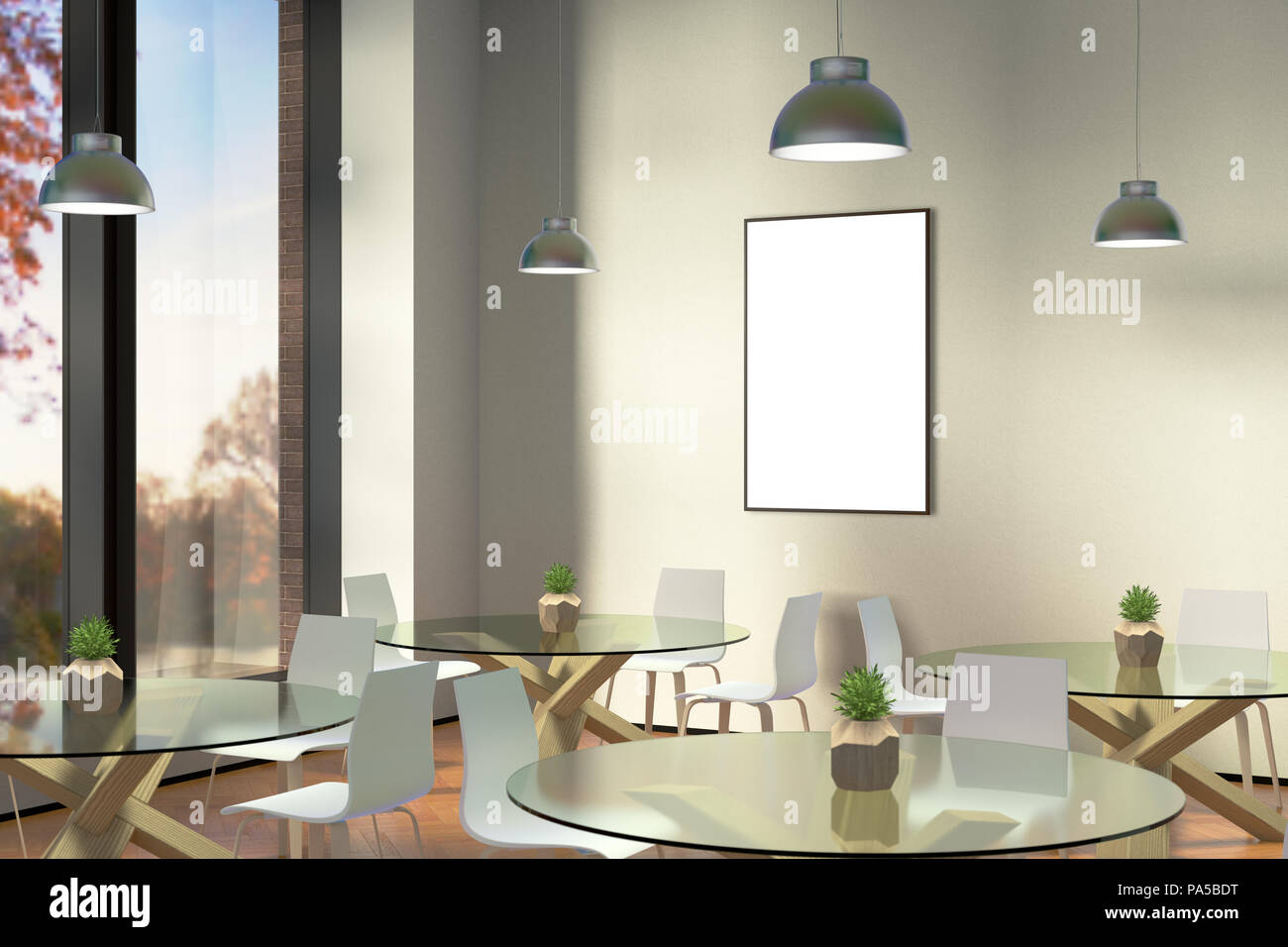 Blank vertical poster mock up in modern cafe interior. 3d illustration ...