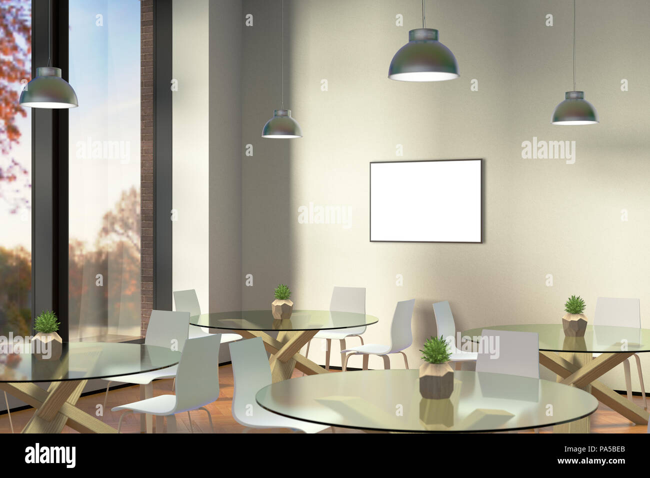 Blank horizontal poster mock up in modern cafe interior. 3d ...