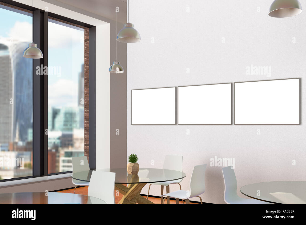 Three blank horizontal posters mock up in modern cafe interior. 3d ...