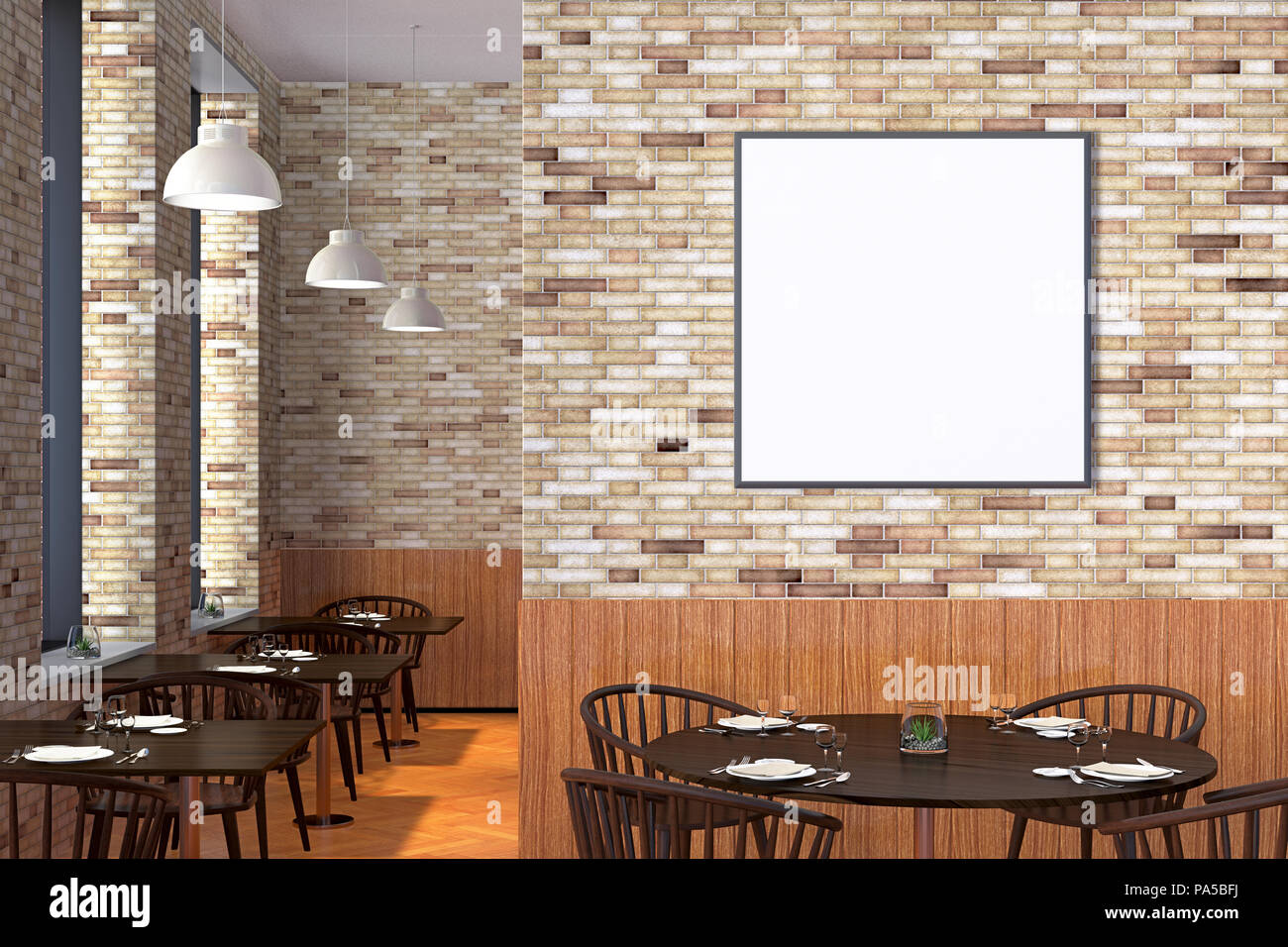 Modern restaurant interior with served tables and blank square poster ...