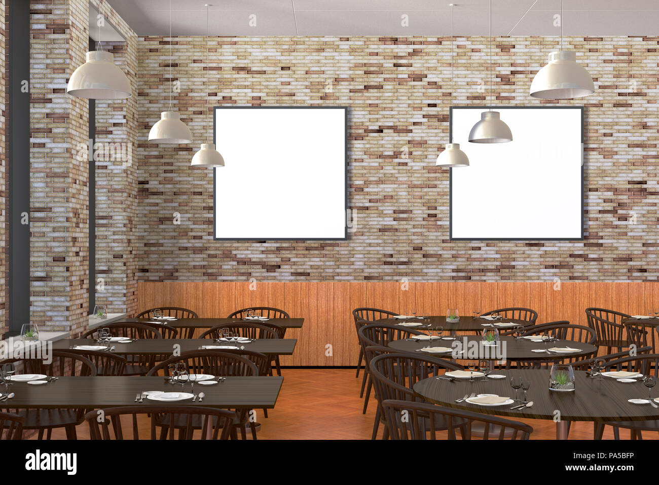 Modern restaurant interior with served tables and two blank square ...