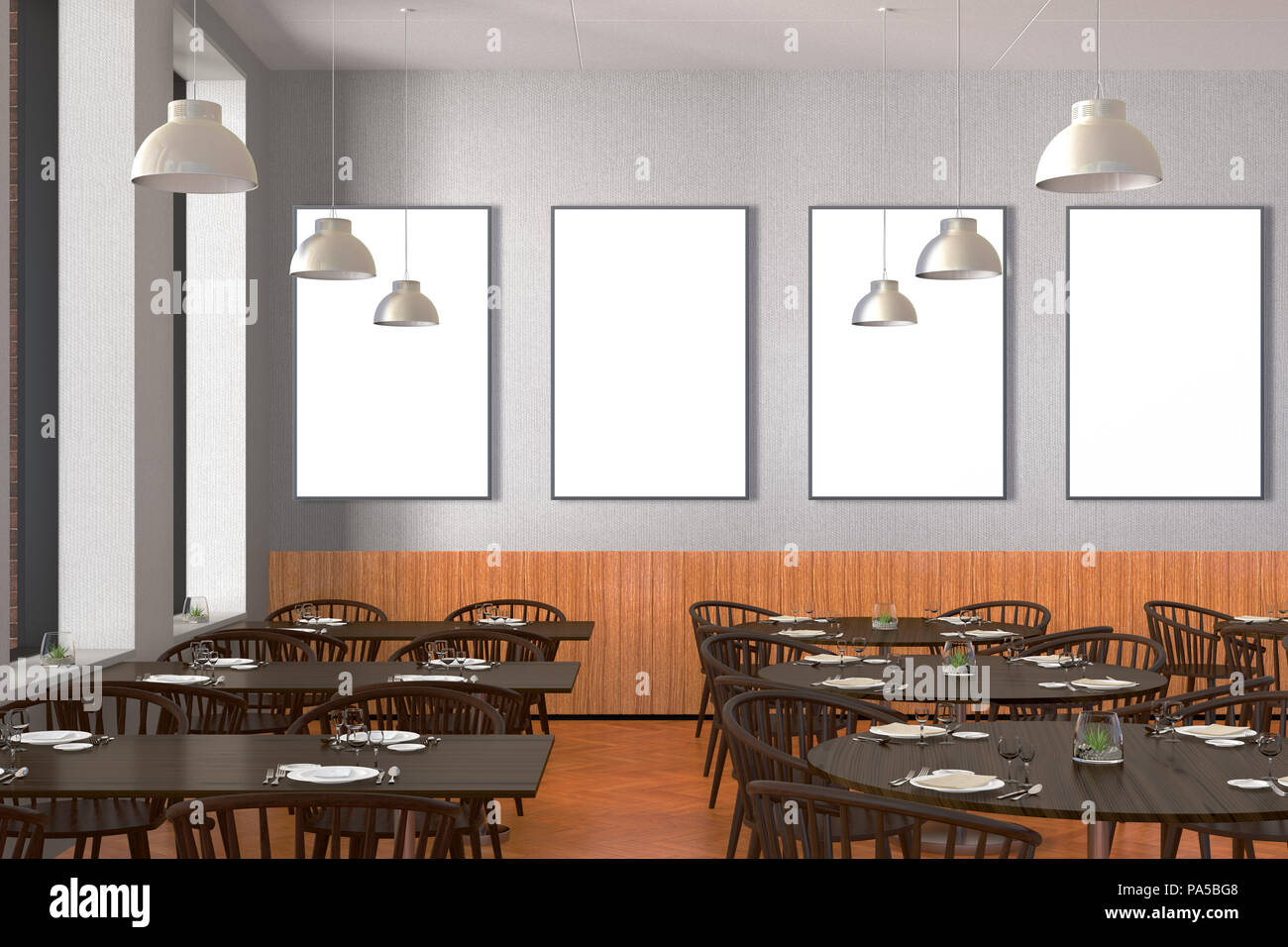 Modern restaurant interior with served tables and four blank vertical ...