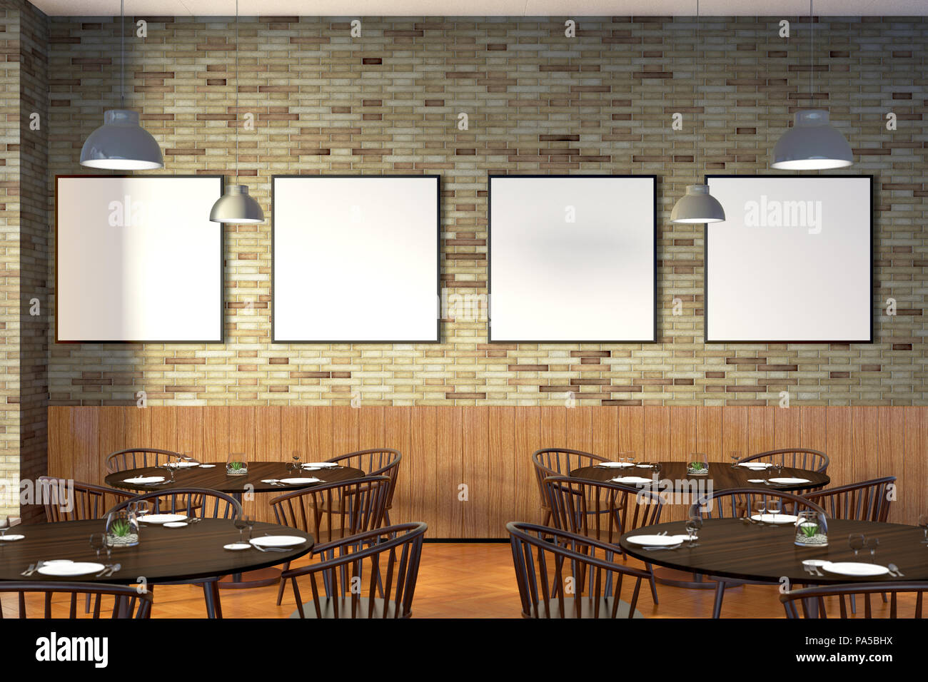 Modern restaurant interior with served tables and foue blank square ...